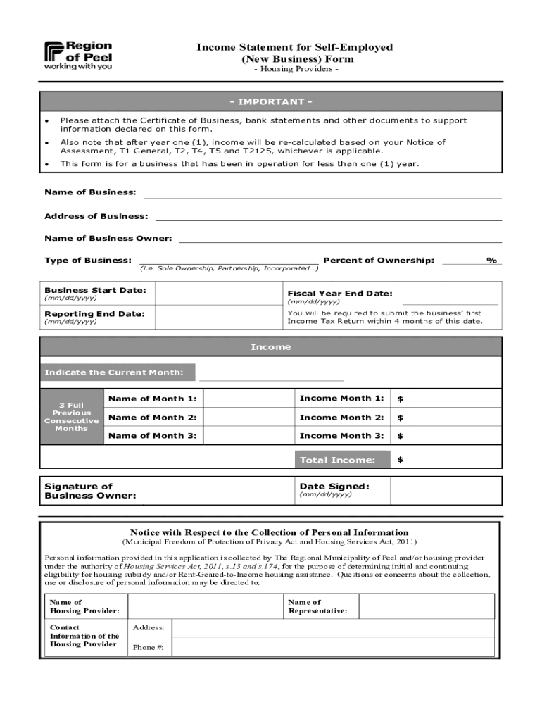 Fillable Online Income Statement for Self-Employed (New Business) Form ...