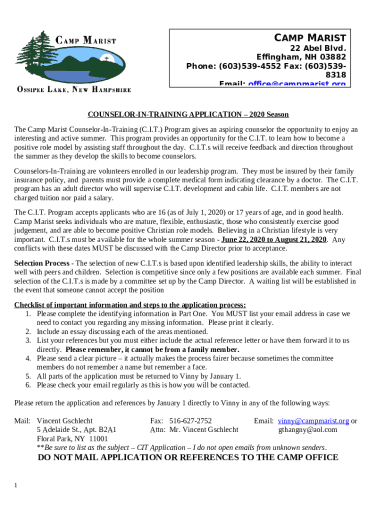 COUNSELOR-IN-TRAINING APPLICATION - Camp Marist Doc Template | pdfFiller