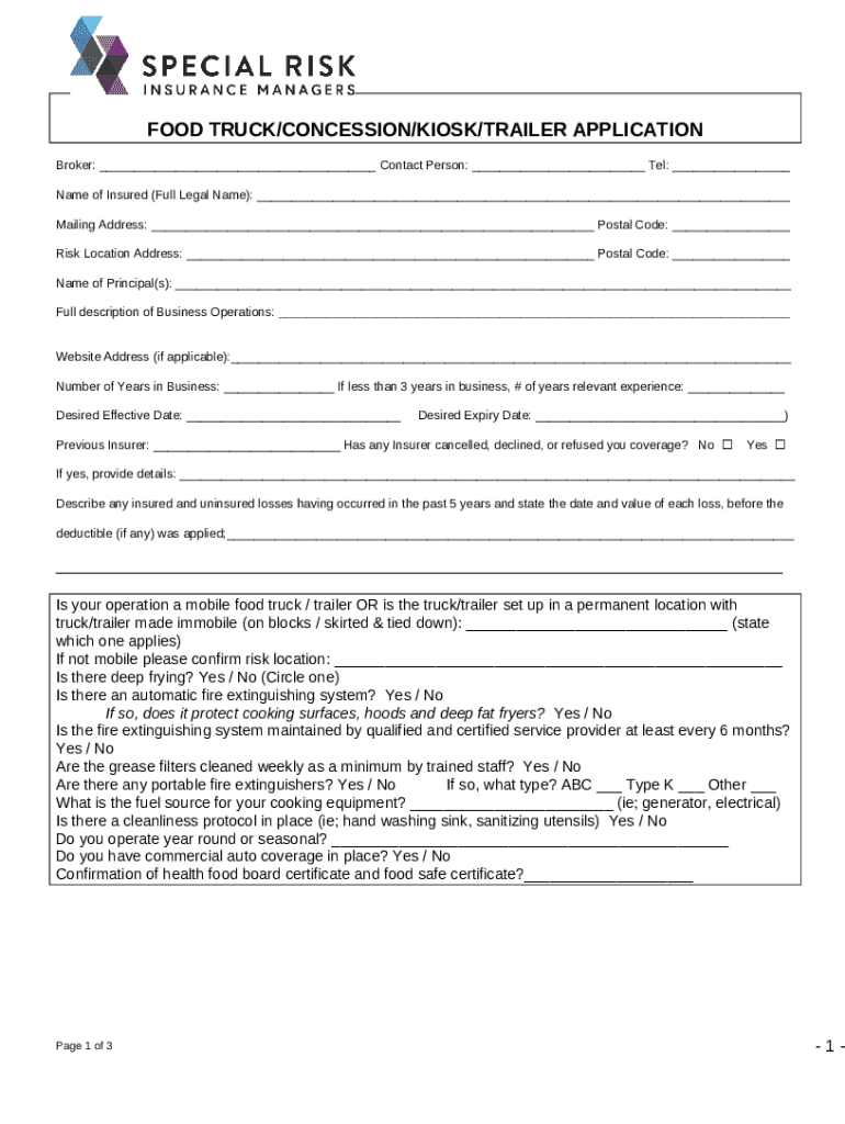 FOOD TRUCK/CONCESSION/KIOSK/TRAILER APPLICATION Doc Template | pdfFiller