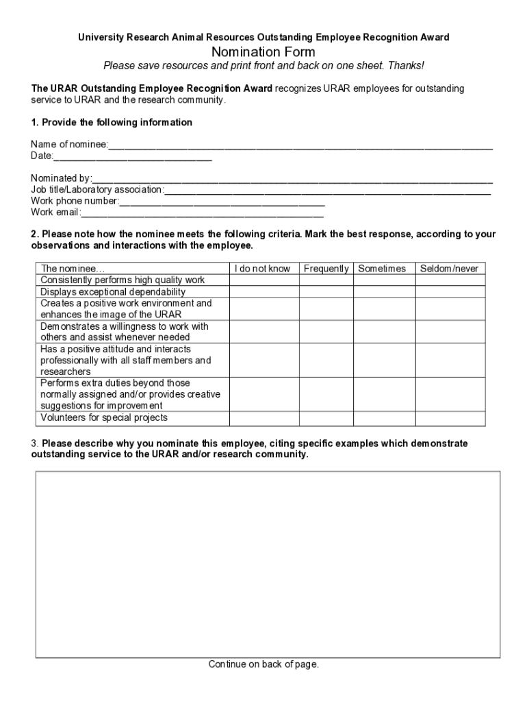 Fillable Online URAR Outstanding Employee Recognition Award Nomination Form.doc Fax Email Print ...