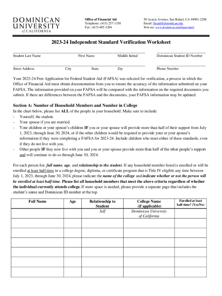 Fillable Online 2023-24 Independent Standard Verification Worksheet Fax Email Print - pdfFiller