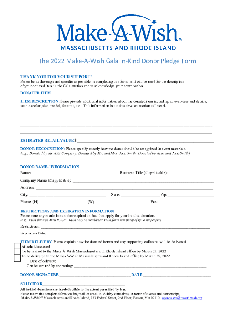 Fillable Online The 2022 Make-A-Wish Gala In-Kind Donor Pledge Form Fax ...
