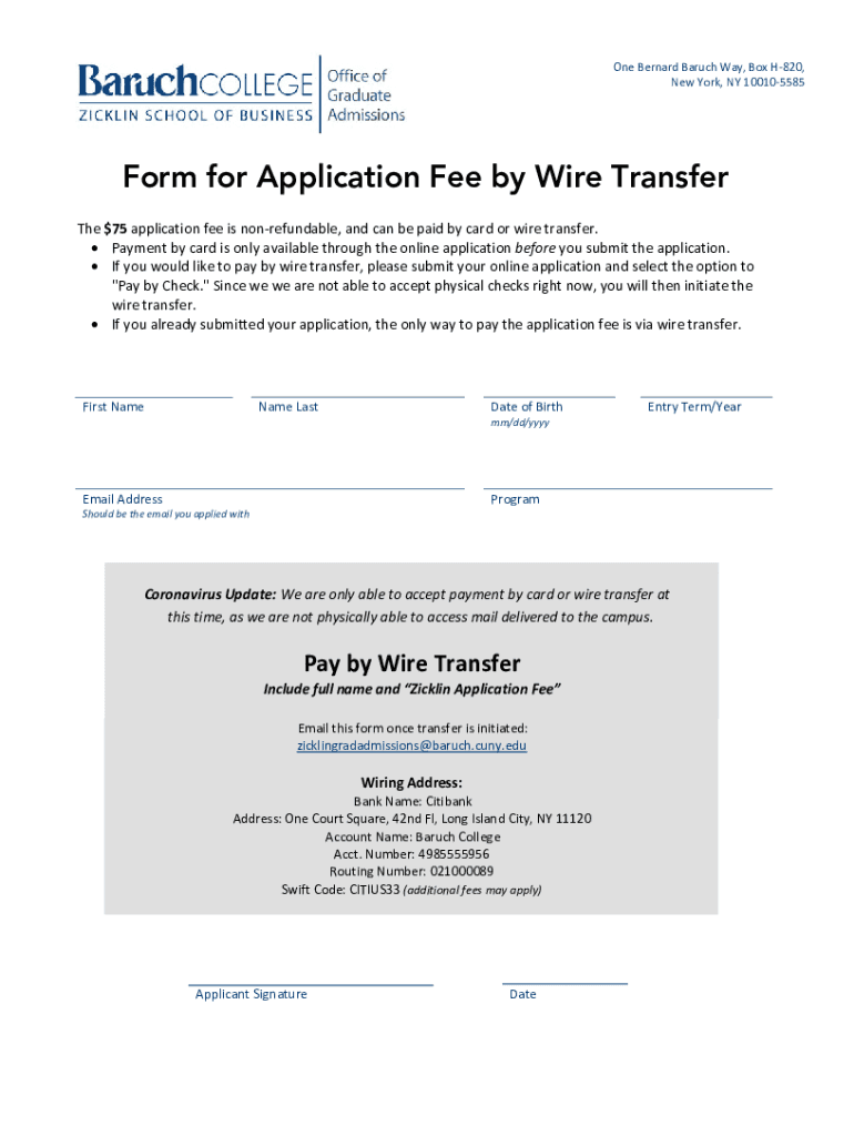 Fillable Online zicklin baruch cuny Form for Application Fee by Wire ...