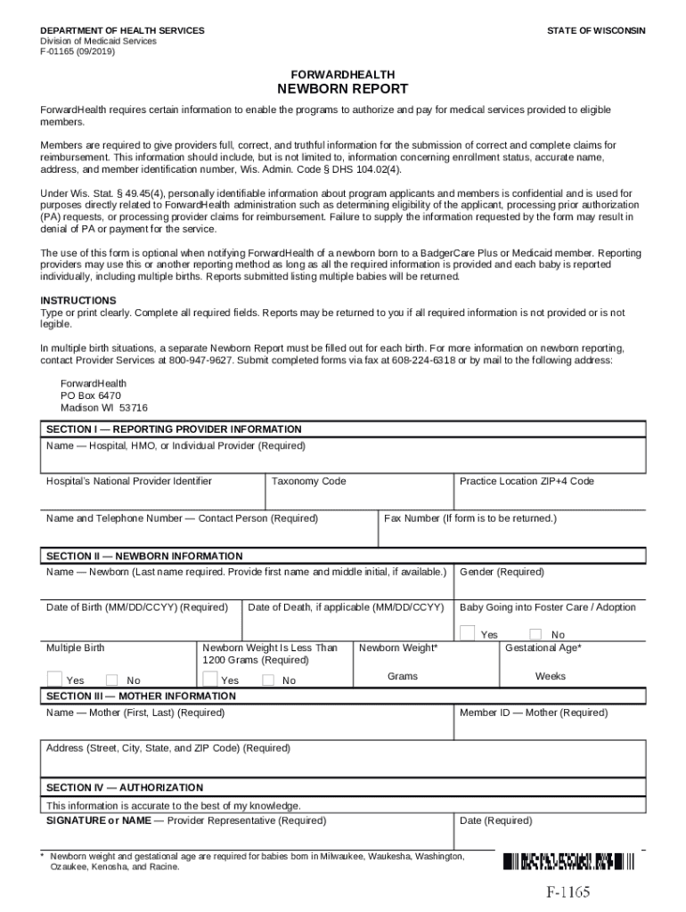 F-01165 Download PDF or Fill Online Newborn Report ... - dhs wisconsin Doc Template | pdfFiller