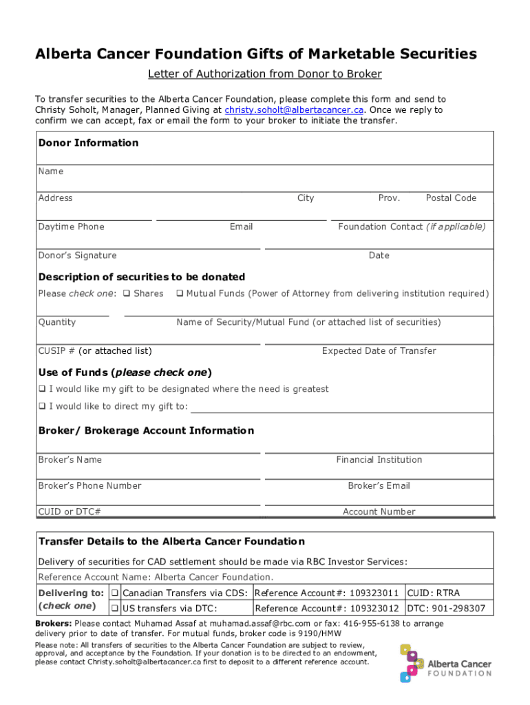 Fillable Online Canadian Cancer Society Gifts of Securities Transfer Form Fax Email Print ...