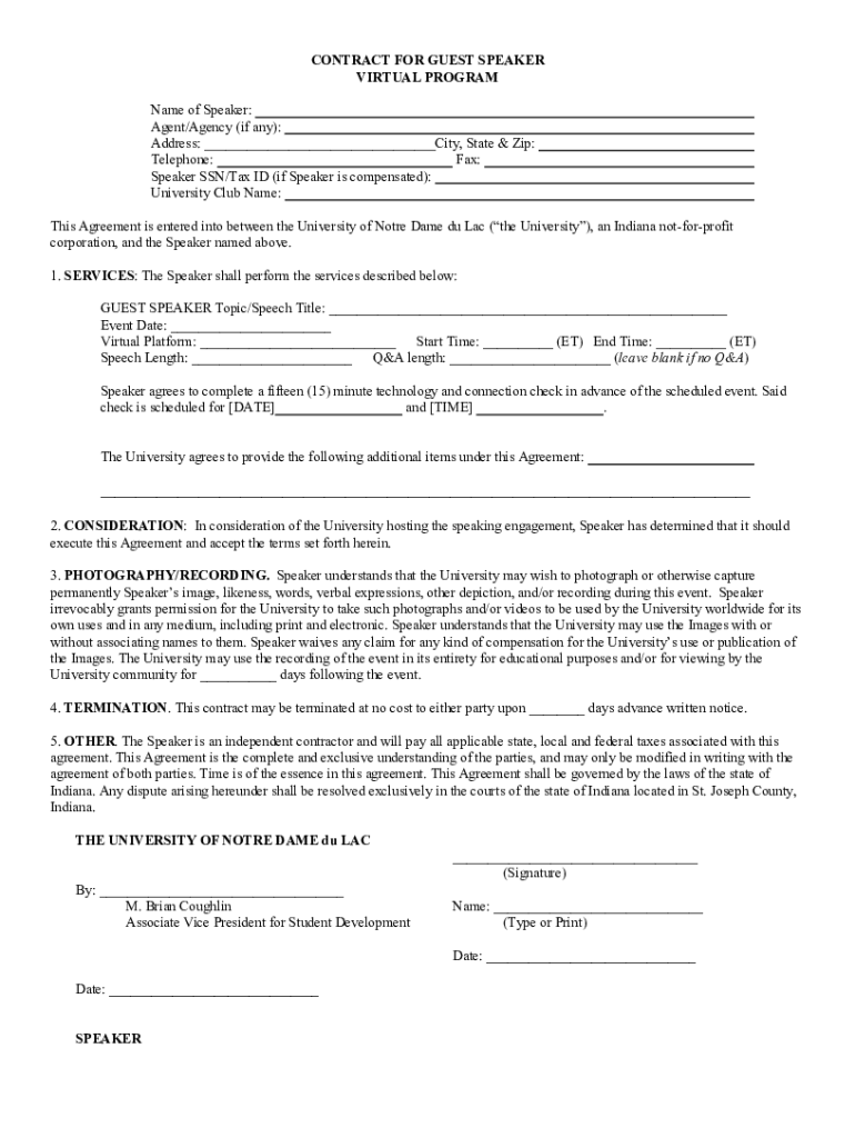 Fillable Online SAMPLE SPEAKER CONTRACT Fax Email Print - pdfFiller