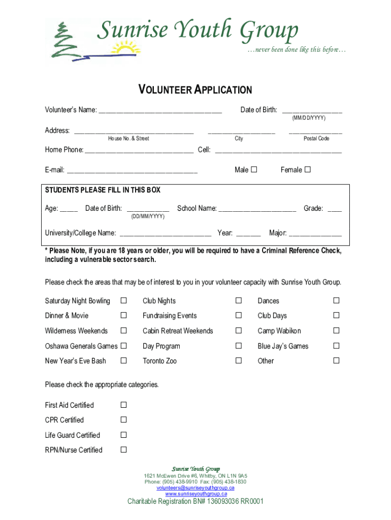 Fillable Online Volunteer Application - Sunrise Youth Group Fax Email ...