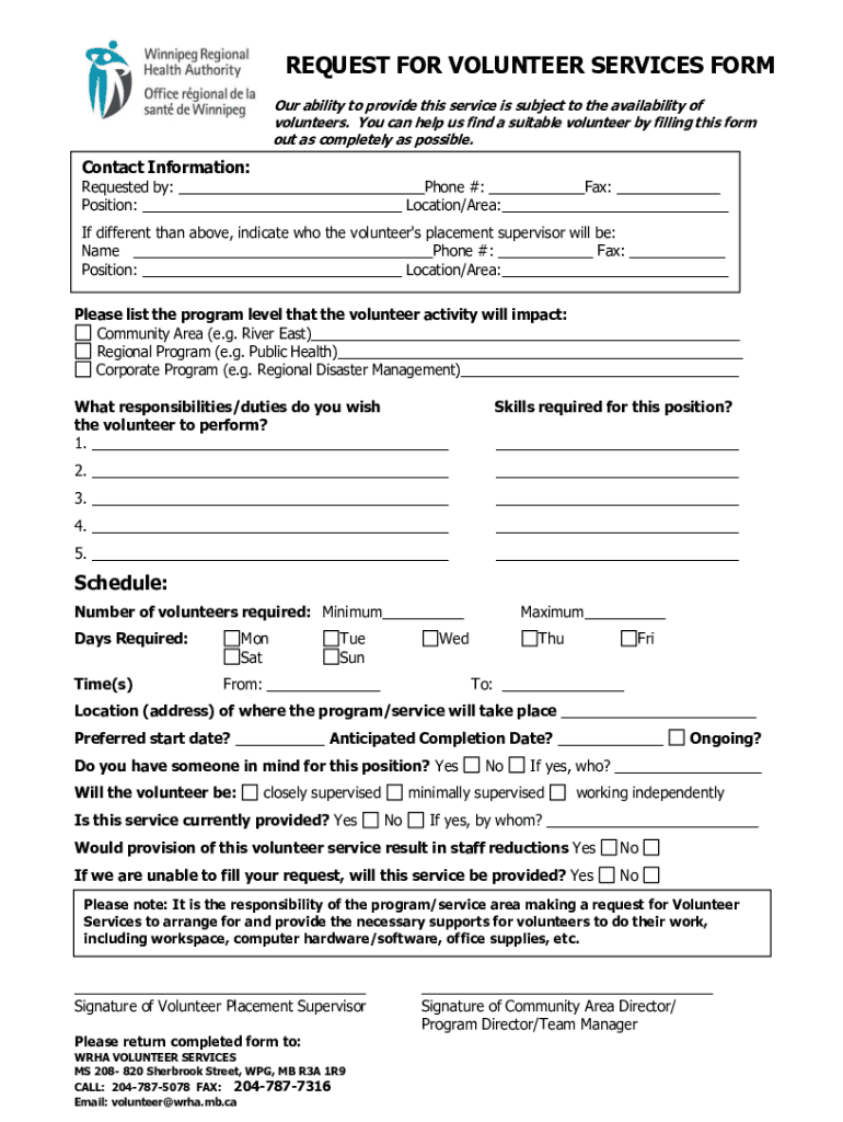 Fillable Online REQUEST FOR VOLUNTEER SERVICES FORM Fax Email Print ...