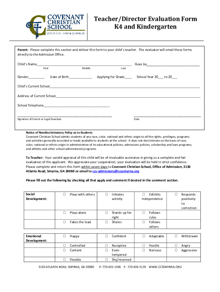 Fillable Online Teacher/Director Evaluation Form K4 and Kindergarten ...