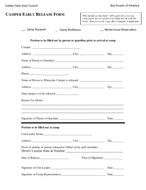 Fillable Online camper early release form - Golden Gate Area Council ...