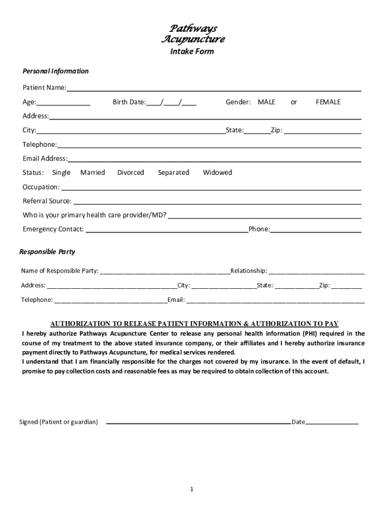 Fillable Online Pathways Acupuncture - Intake Form Fax Email Print ...