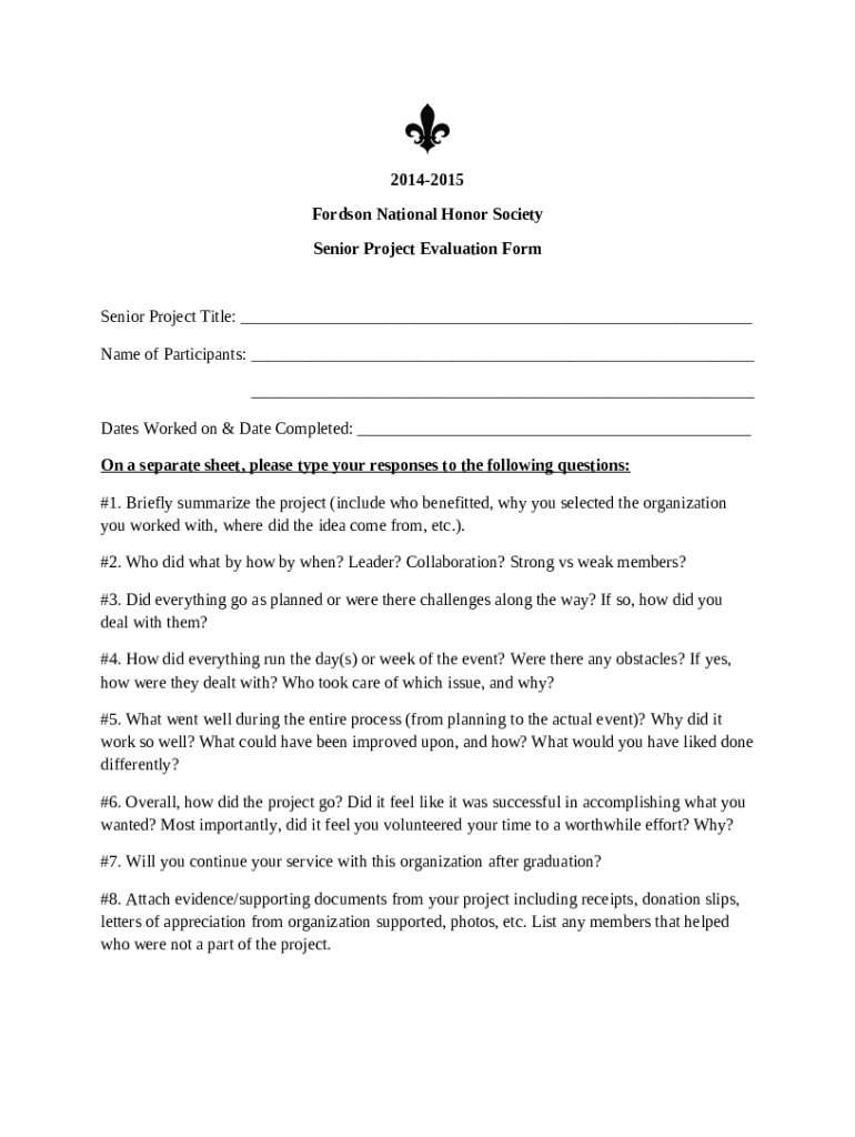 Fordson National Honor Society Senior Project Evaluation Doc Template ...