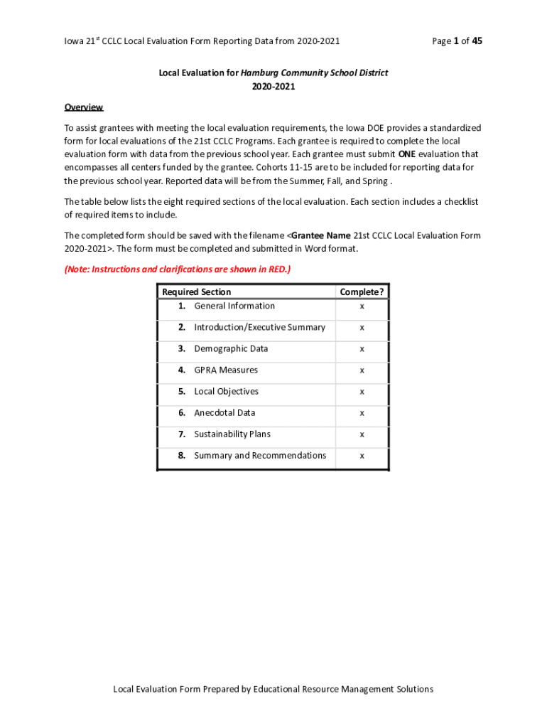 Fillable Online Hamburg CSD 21st CCLC Local Evaluation Form 2020-2021 ...
