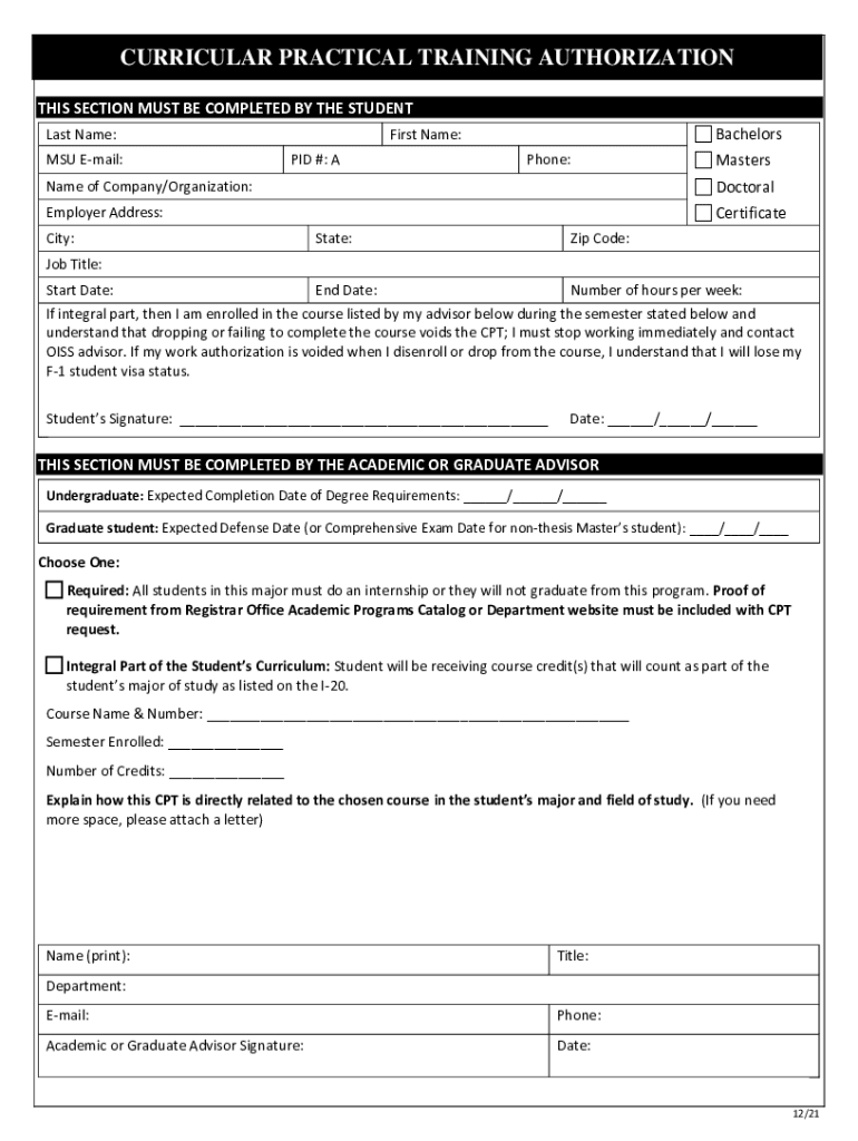 Fillable Online oiss isp msu WHAT IS CPT? CPT ELIGIBILITY INTEGRAL PART ...