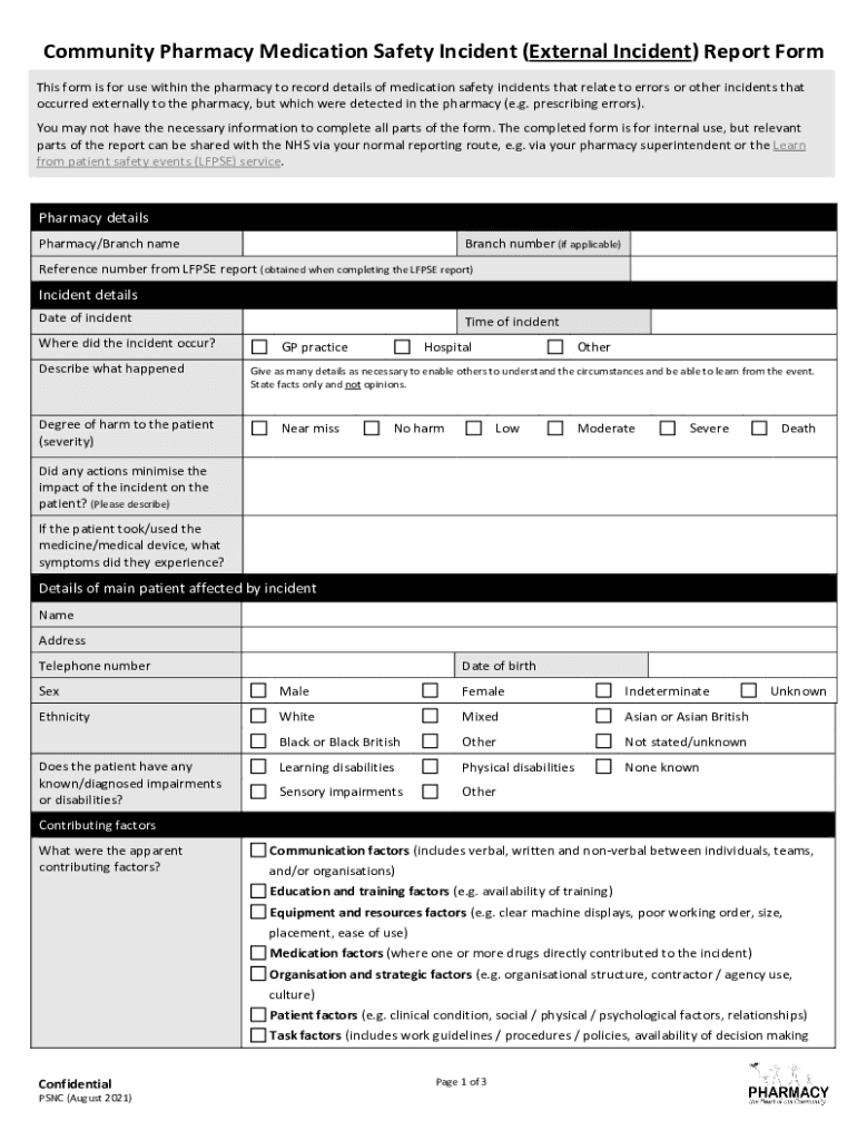 2021-2026 UK CPE Medication Safety Incident (External) Report Form Fill ...