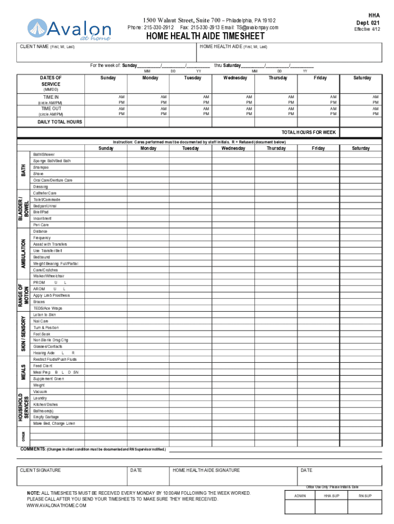 Fillable Online HOME HEALTH AIDE TIMESHEET Fax Email Print - pdfFiller
