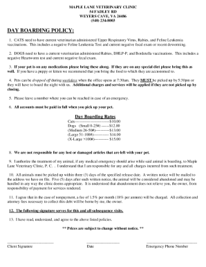 Fillable Online DAY BOARDING POLICY: - Maple Lane Veterinary Clinic Fax ...