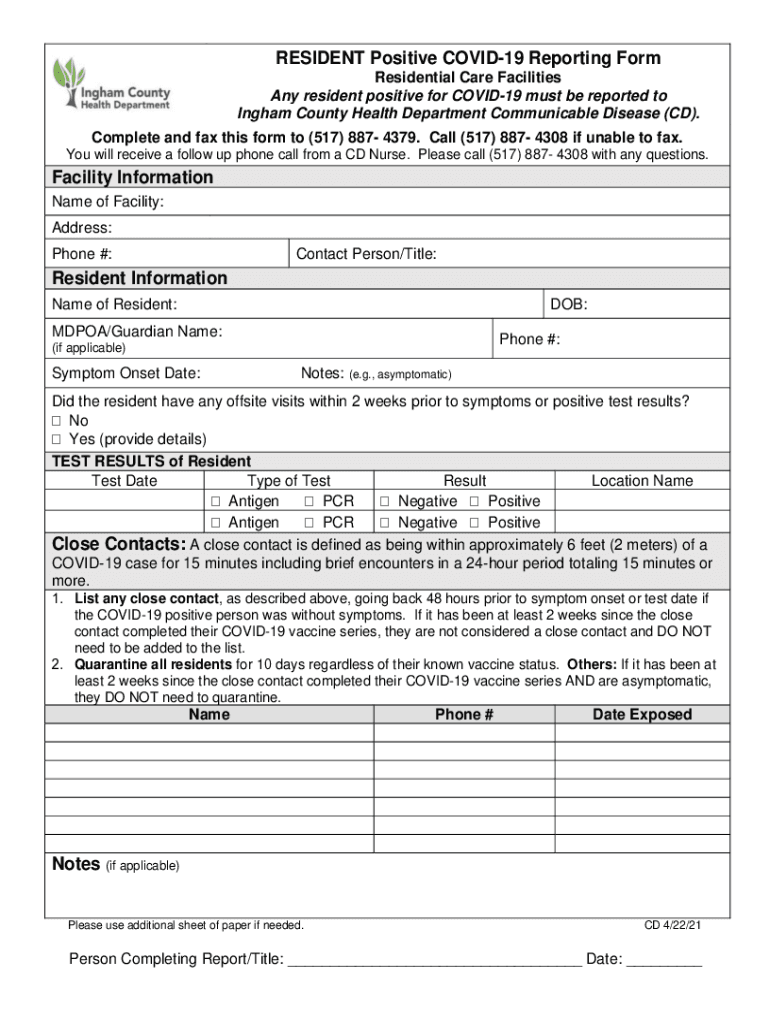Fillable Online hd ingham RESIDENT Positive COVID-19 Reporting Form Fax ...