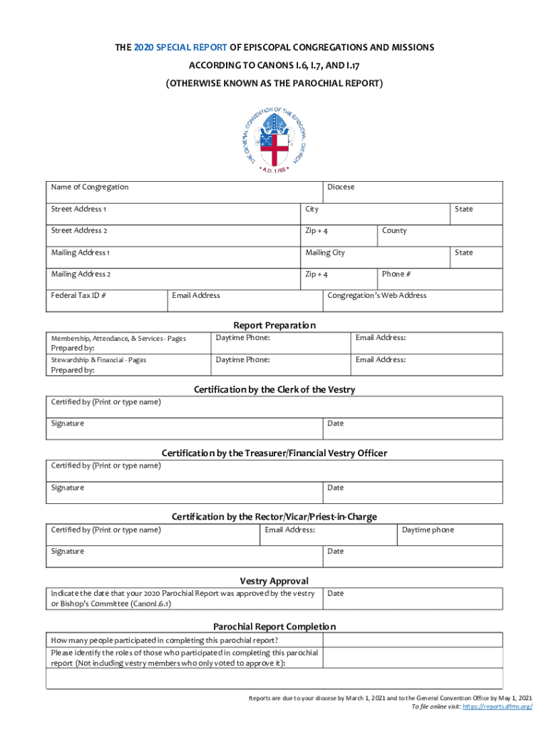 Fillable Online the 2020 special report of episcopal congregations and ...