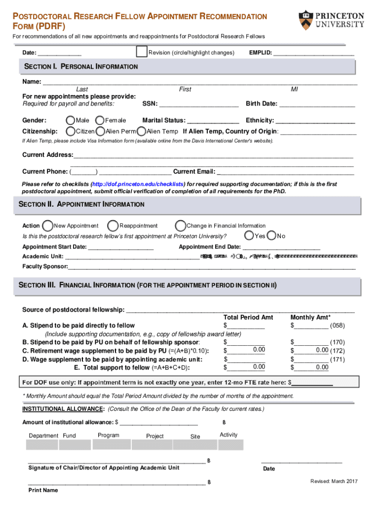 Fillable Online dof princeton postdoctoral research fellow appointment ...