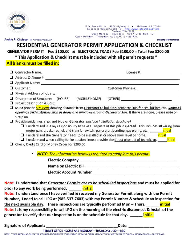 Fillable Online residential generator permit application & checklist ...