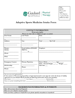 Fillable Online Adaptive Sports Medicine Intake Form Fax Email Print ...