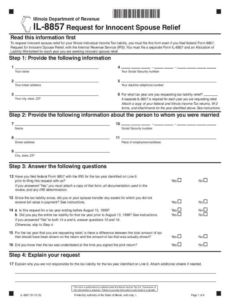Fillable Online tax illinois Form IL-8857 "Request for Innocent Spouse ...