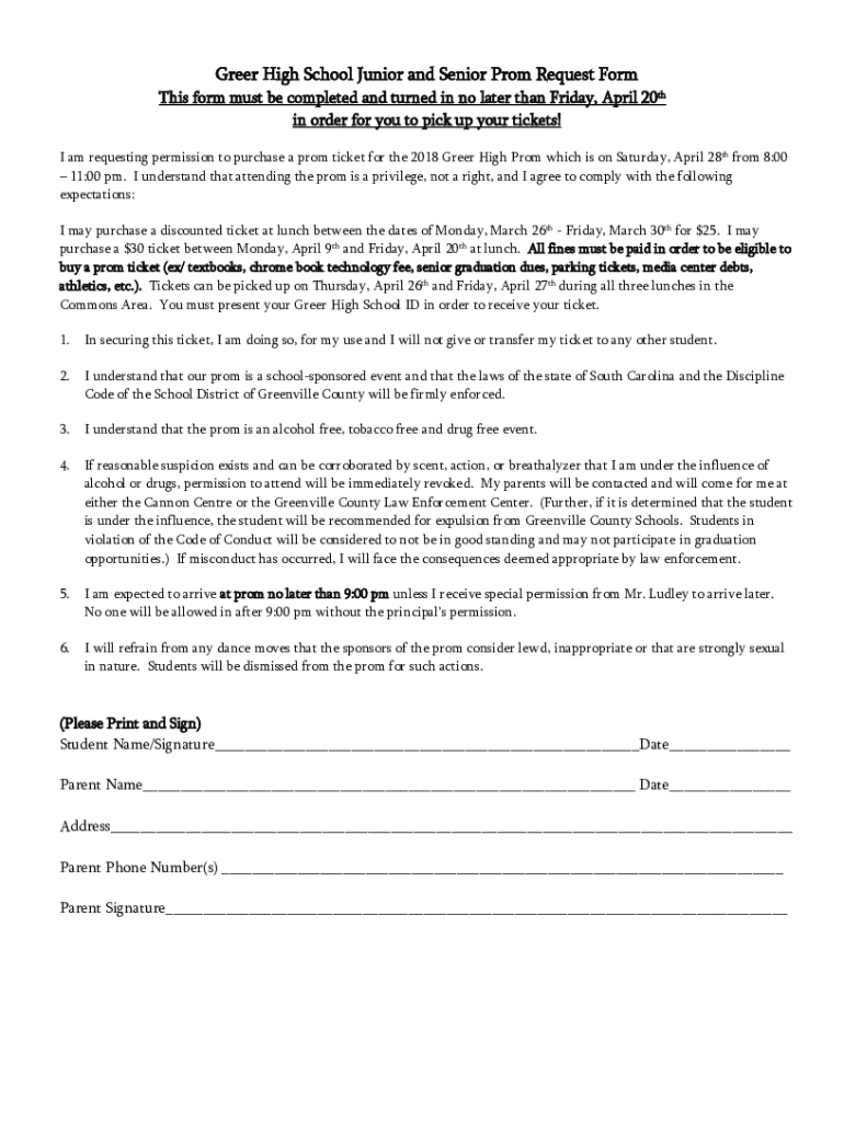 Fillable Online Greer High School Junior and Senior Prom Request Form ...
