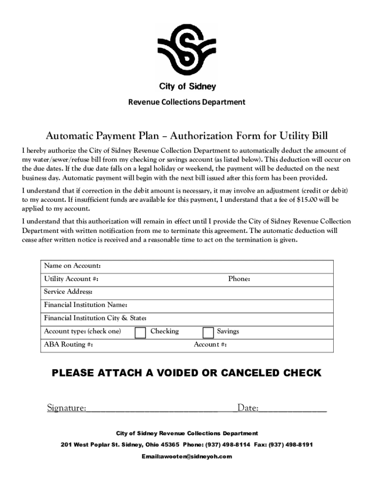 Fillable Online Automatic Payment Plan Authorization Form for Utility Bill - Sidney Fax Email ...