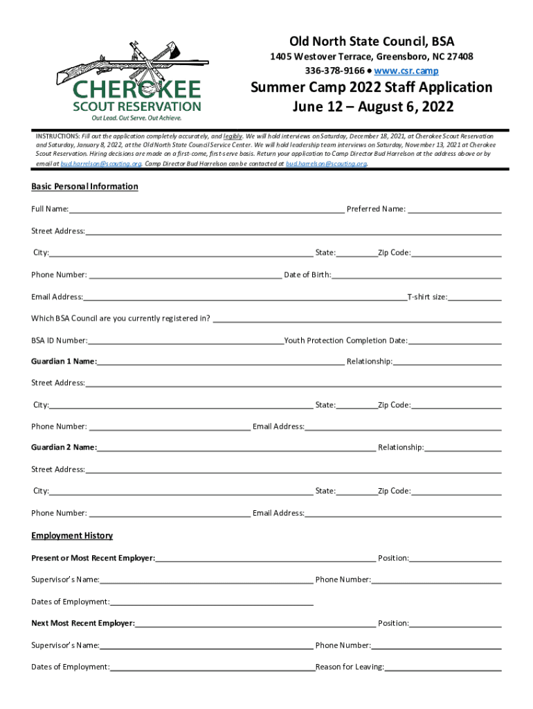 Fillable Online Old North State Council - Scouts BSA Summer Camp Kick-Off Fax Email Print ...