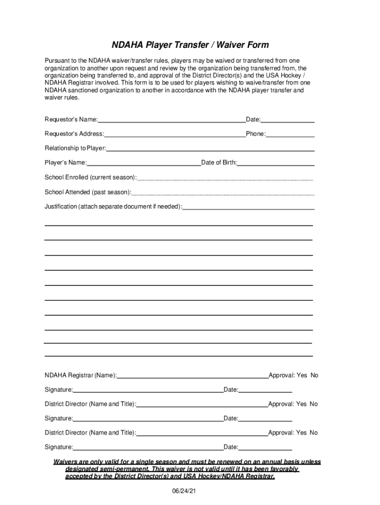 Fillable Online NDAHA Player Transfer / Waiver Form - Ngin Fax Email ...