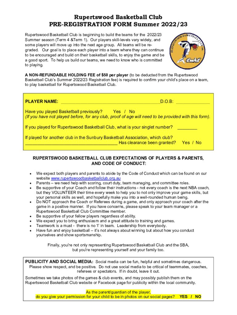 Fillable Online Rupertswood Basketball Club PRE-REGISTRATION FORM ...