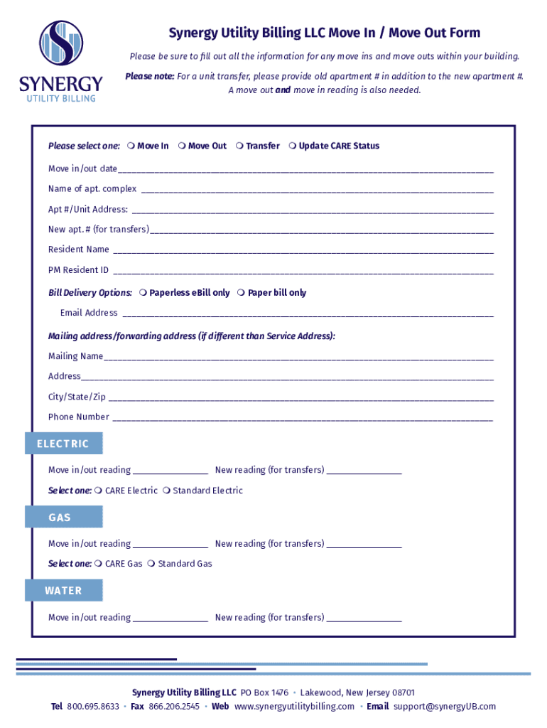 Fillable Online Synergy Utility Billing LLC Move In / Move Out Form Fax ...