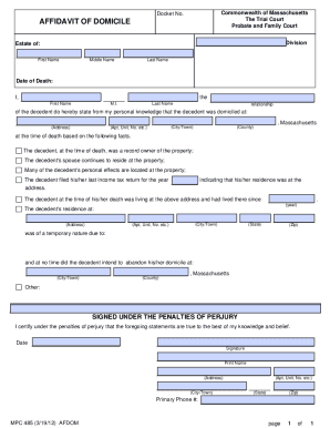 Fillable Online Affidavit Of Domicile (MPC 485) - Massachusetts Fax ...