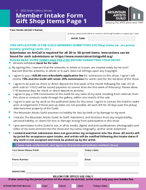 Fillable Online Member Intake Form Gift Shop Items Page 1 Fax Email ...