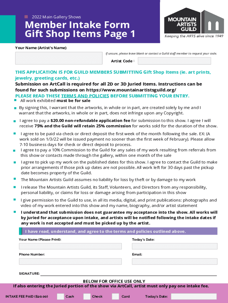 Fillable Online Member Intake Form Gift Shop Items Page 1 Fax Email ...