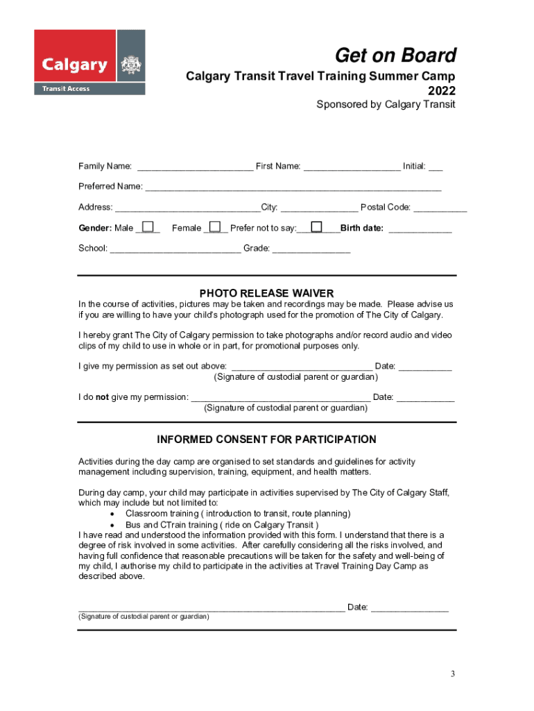 Fillable Online Calgary Transit Get on BoardTravel Training Summer Day ...