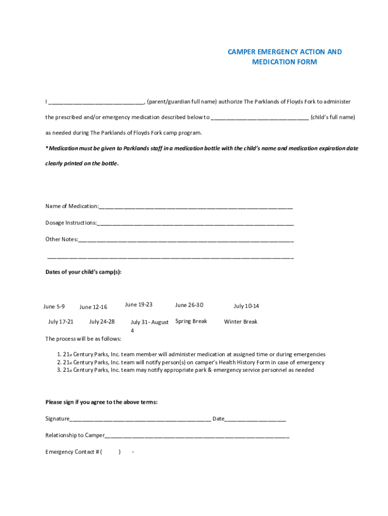 Fillable Online CAMPER EMERGENCY ACTION AND MEDICATION FORM Fax Email Print - pdfFiller