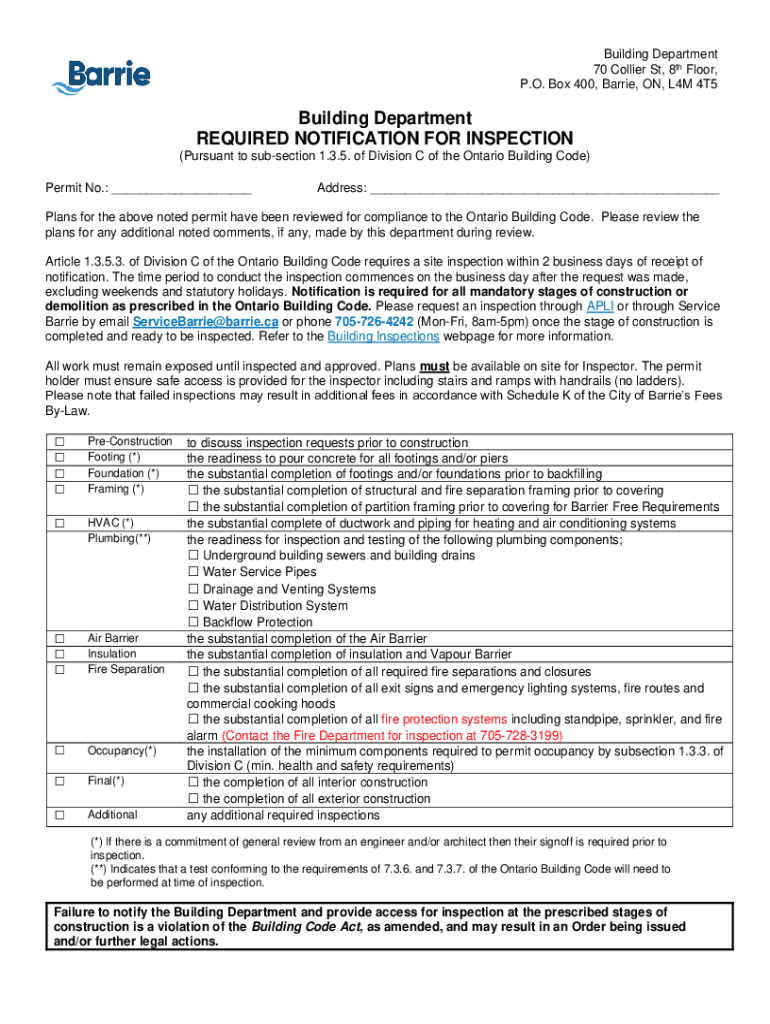 Fillable Online Required Notification for Inspection - City of Barrie Fax Email Print - pdfFiller