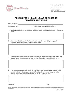 Fillable Online health cornell HLOA Reason for leave personal statement ...