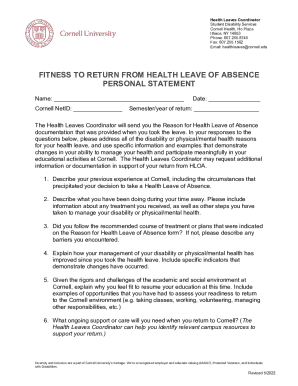 Fillable Online health cornell Fitness to Return from Health Leave of ...