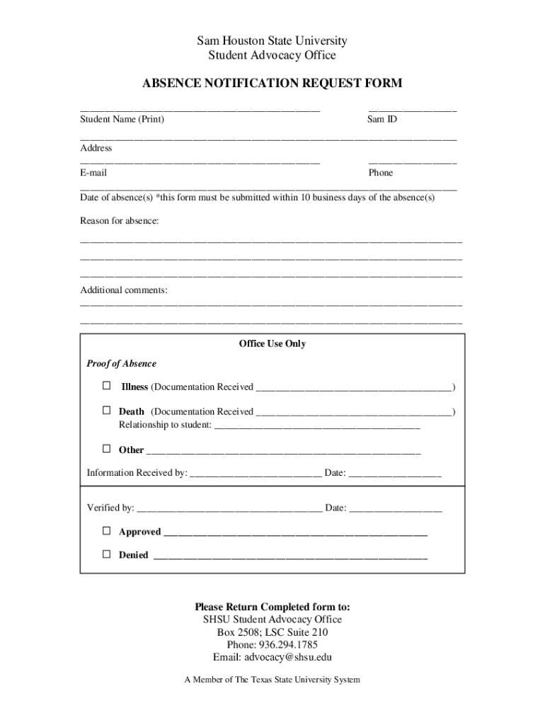 Fillable Online ABSENCE NOTIFICATION REQUEST FORM Fax Email Print - pdfFiller