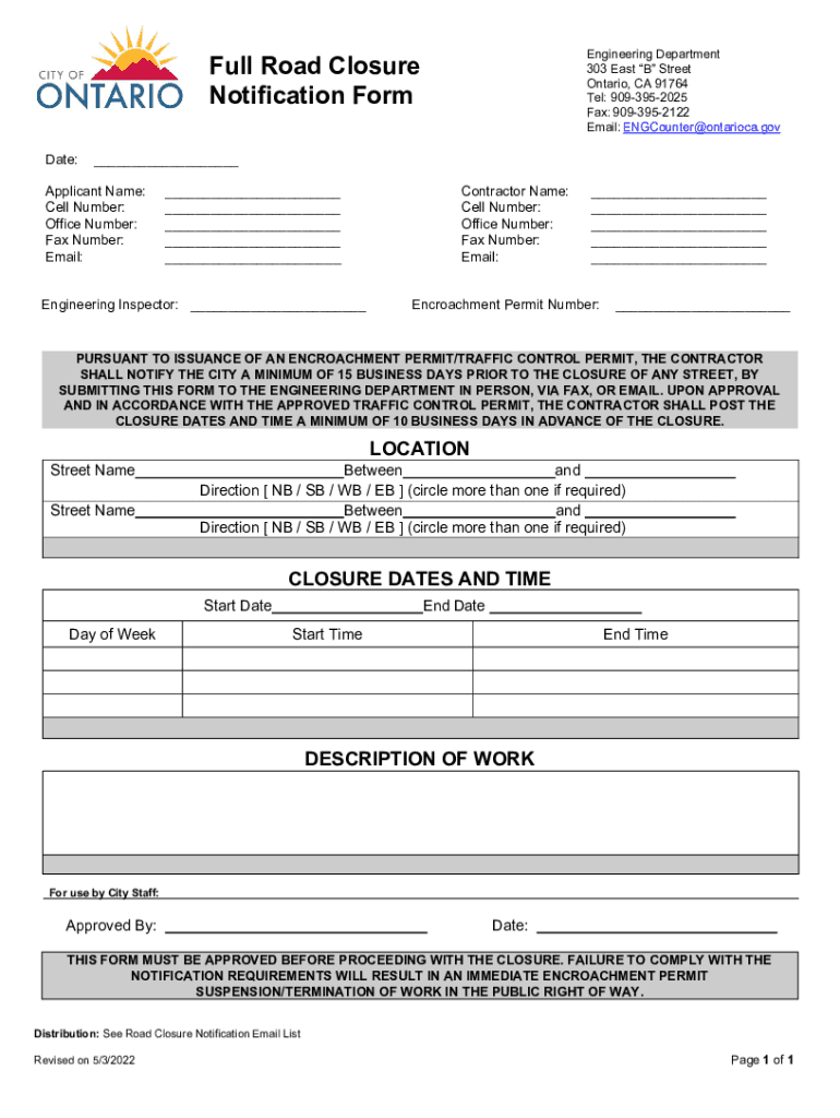 Fillable Online Full Road Closure Notification Form Fax Email Print ...