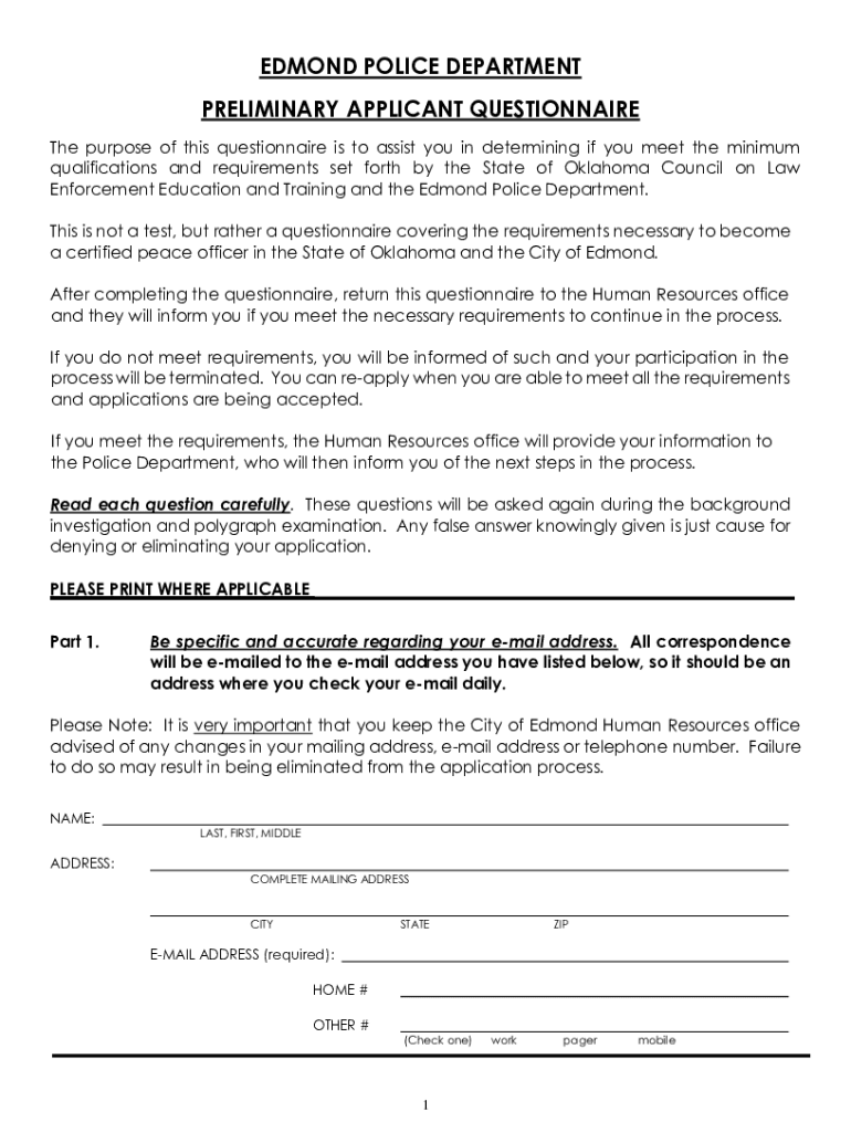 Fillable Online edmond police department preliminary applicant ...