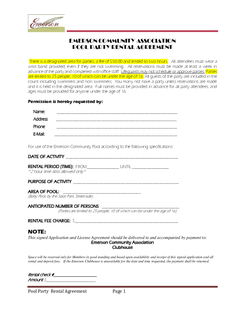 Fillable Online Birthday/Pool Party Information Sheet & Rental ...