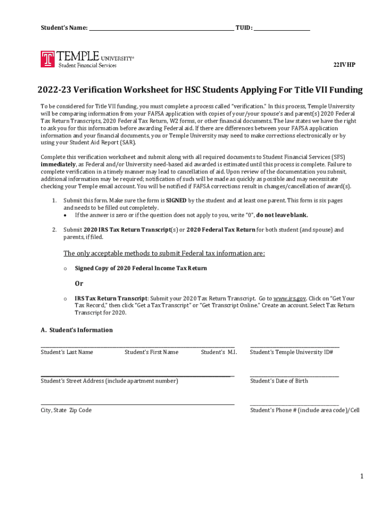 Fillable Online 2022-23 Verification Worksheet for HSC Students ...