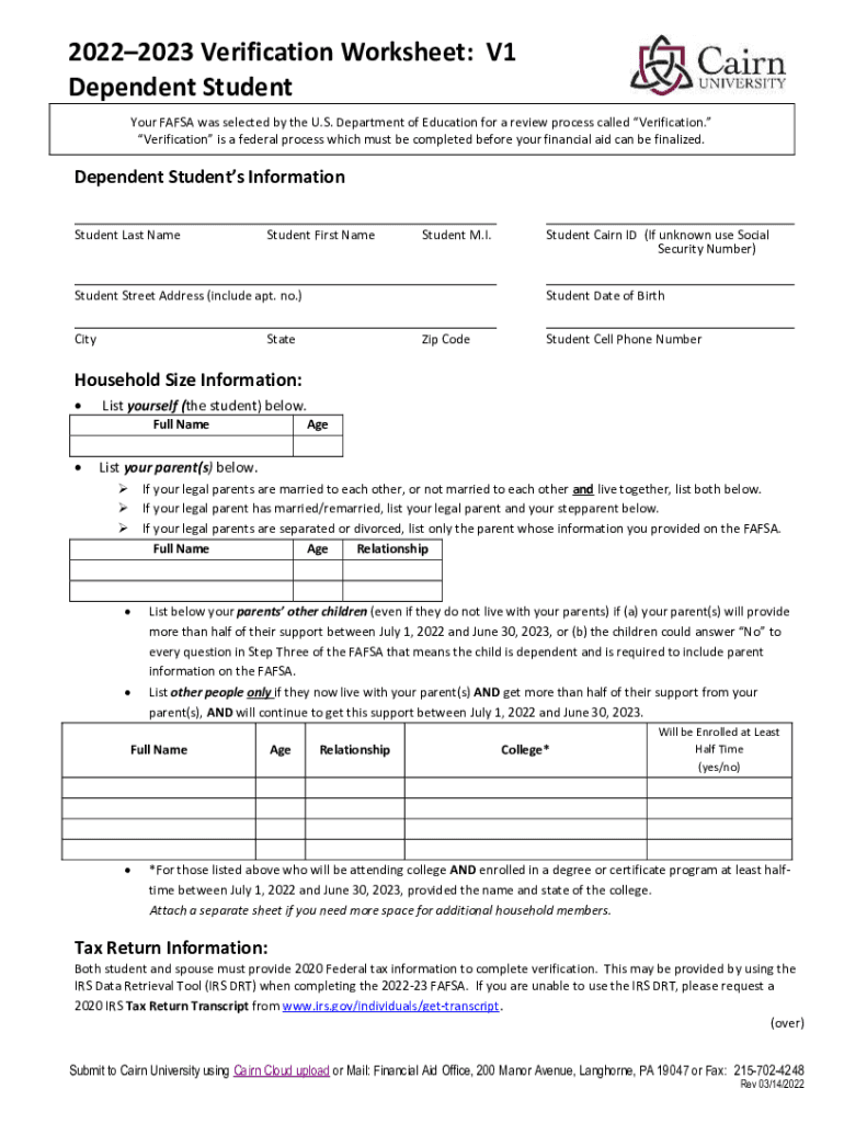 Fillable Online 20222023 Verification Worksheet: V1 Dependent Student Cairn ... Fax Email Print ...