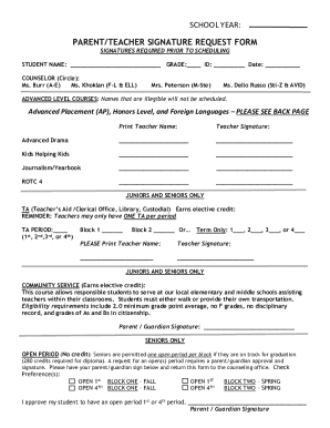 Fillable Online SCHOOL YEAR: PARENT/TEACHER SIGNATURE REQUEST FORM Fax ...