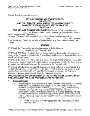 Fillable Online Sample Cost Recovery Agreement ADVANCE FUNDING ... Fax ...