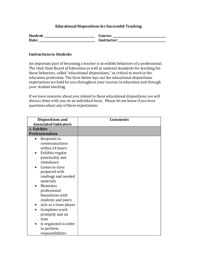 Fillable Online The Role of Dispositions During Education Field ...